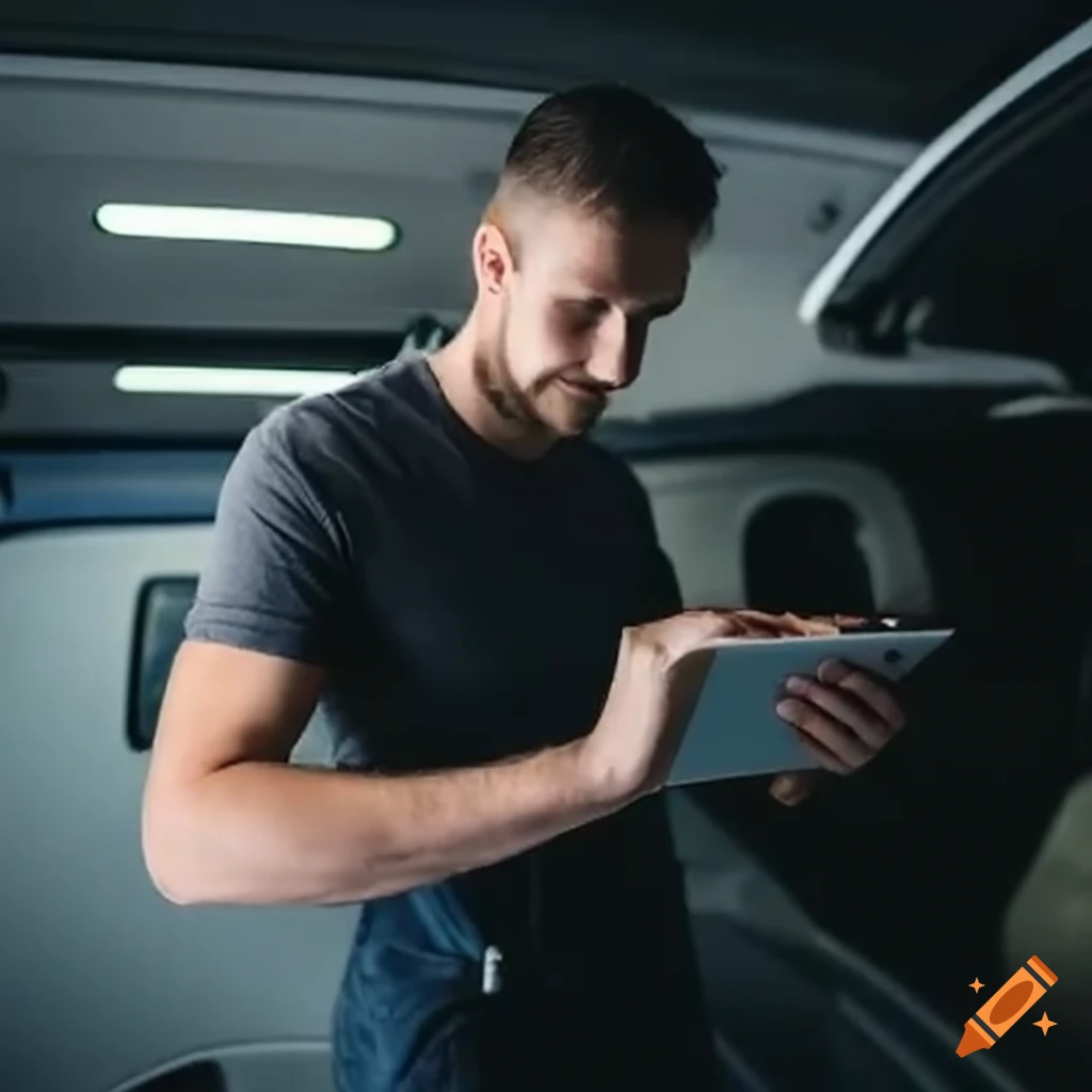 Service guy using tablet to check issues in a garage with a van on Craiyon