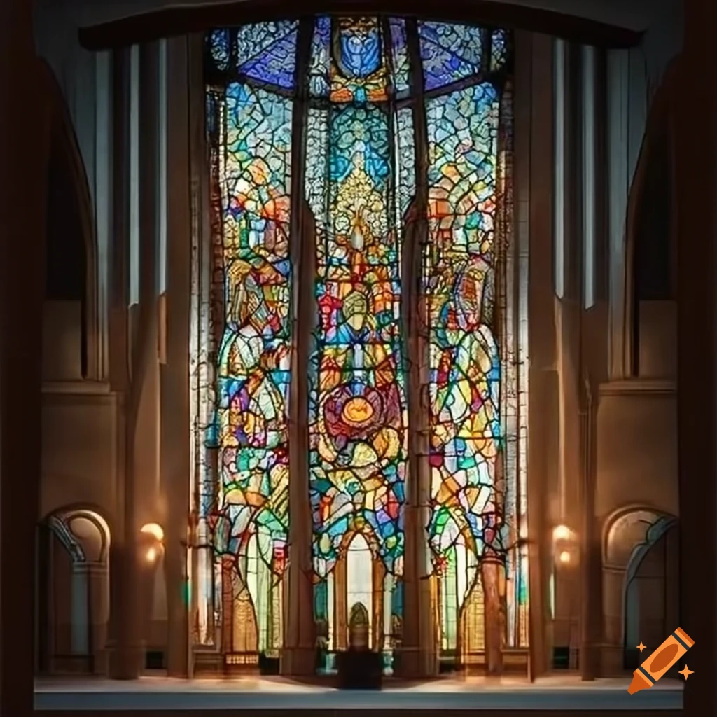 Contemporary temple with a white rose stained glass on Craiyon