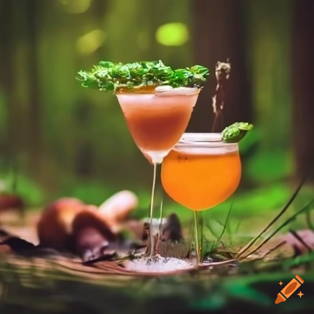 Exotic cocktail with plants and mushrooms in a forest setting on Craiyon
