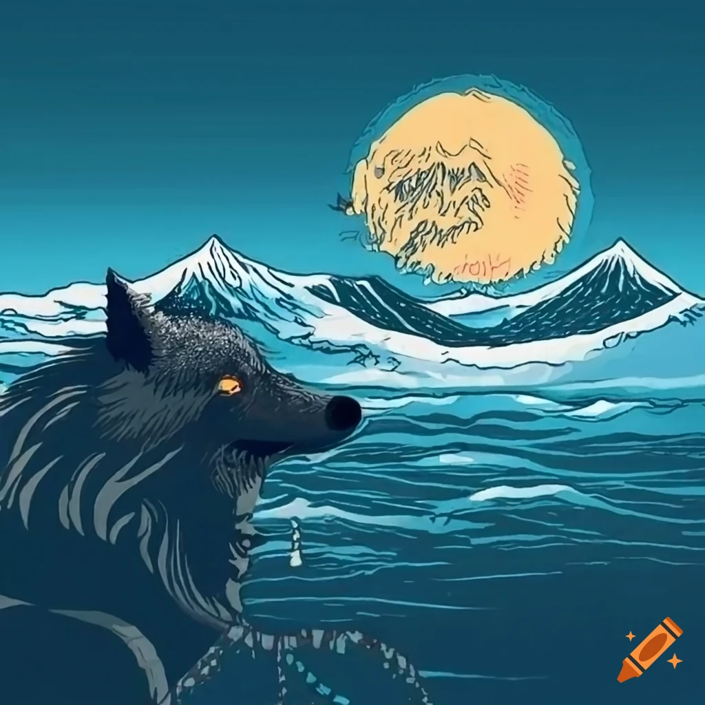 Ukiyo-e style wolf in front of ocean and Mount Fuji on Craiyon