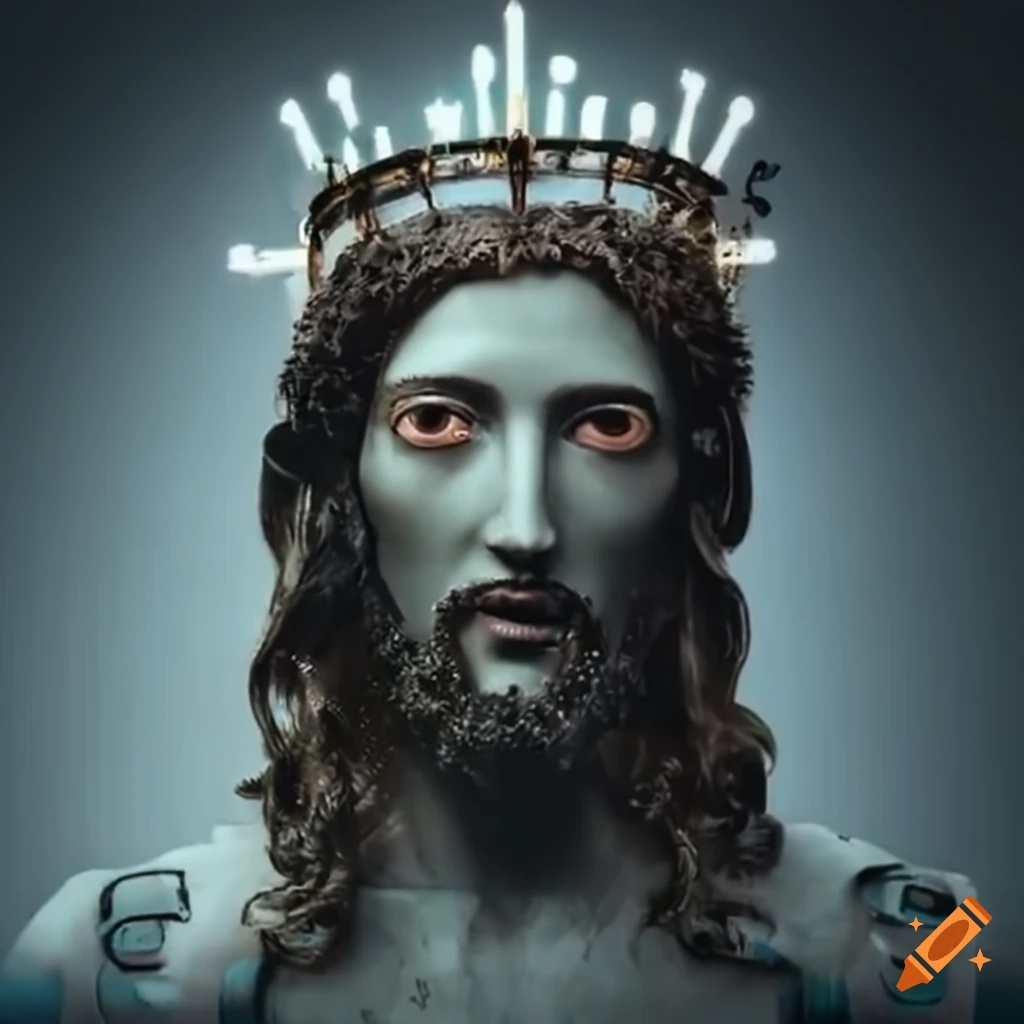 Depiction of a robot representing jesus christ as a savior on Craiyon