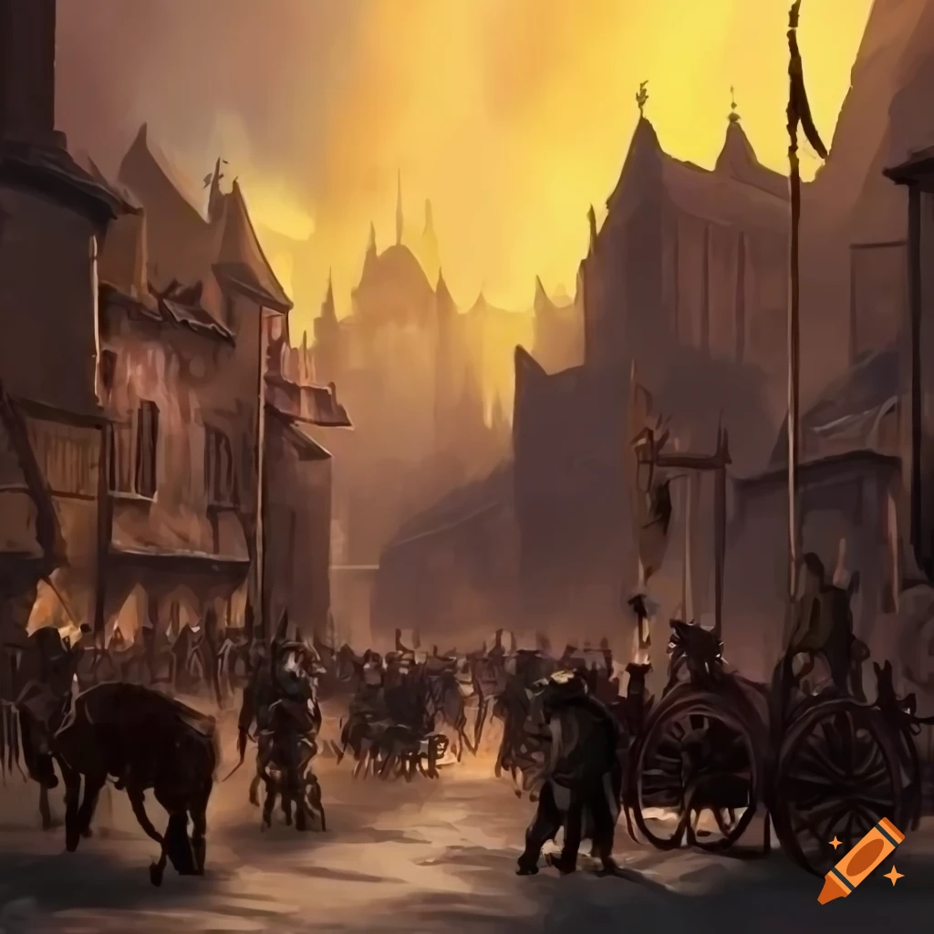 Horse-drawn carts and traders outside the gates of Luskan with guards ...