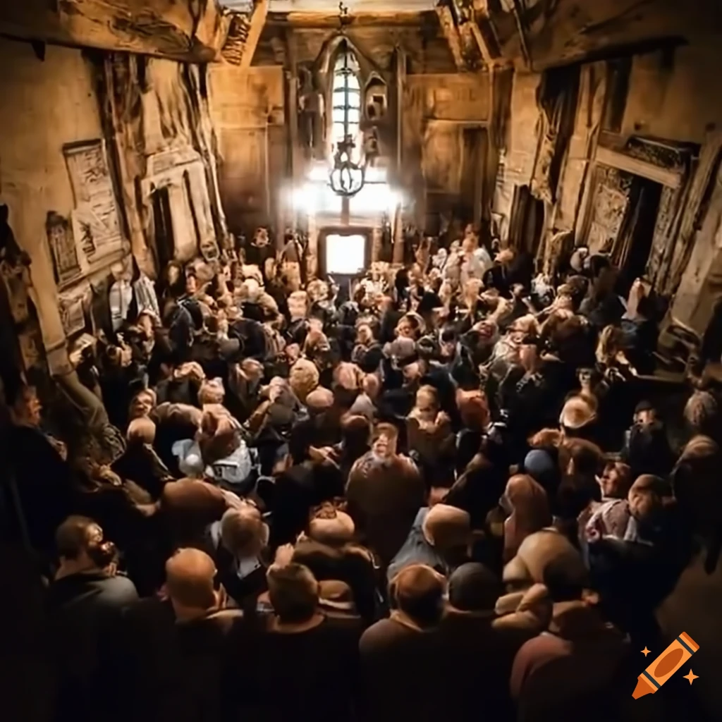 Rustic town hall meeting with people raising fists in solidarity on Craiyon