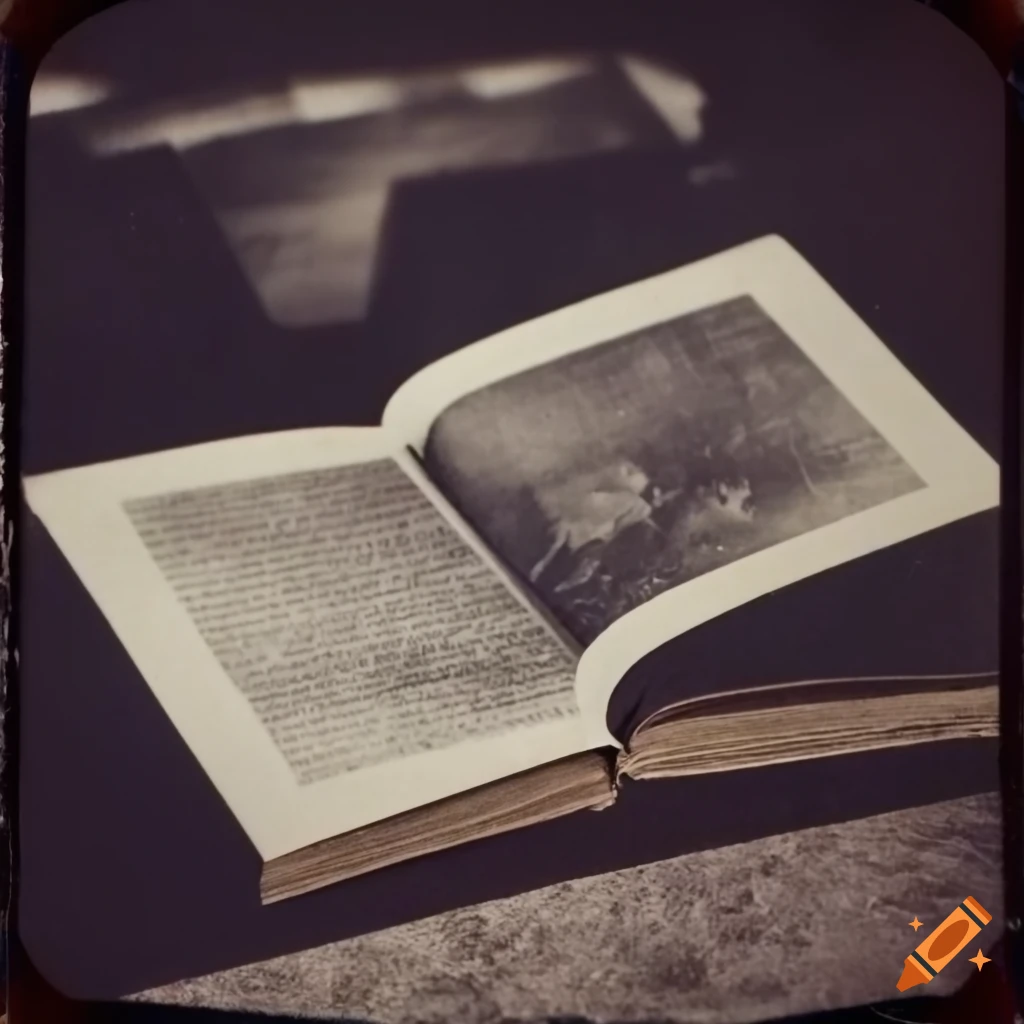 Open fat book with old text and 1920s winter photos in a dark ...