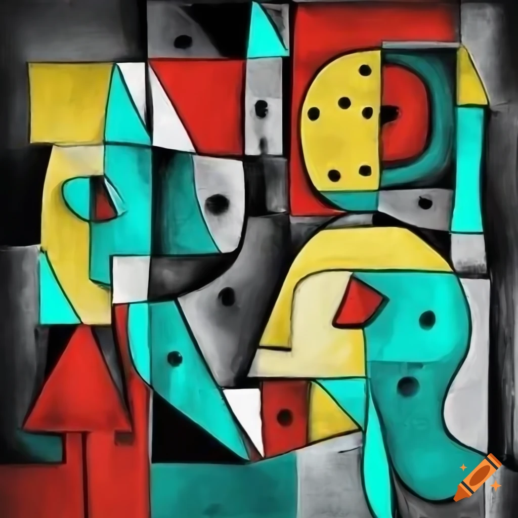 Surrealistic cubist black and white scribbles with red, yellow, and ...