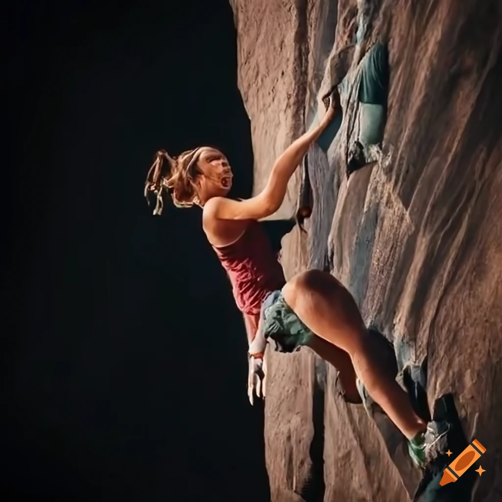 Close-up of a climber free climbing on a dramatic rock face on Craiyon