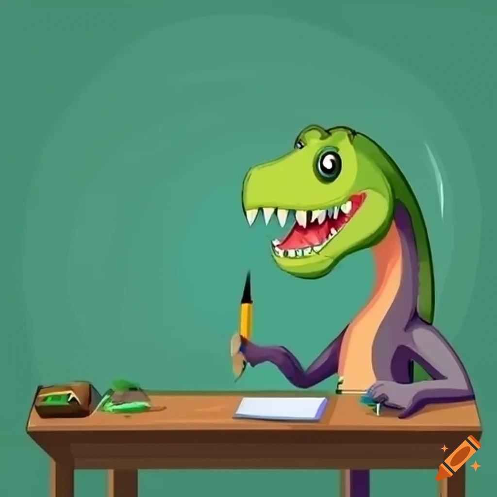 Dinosaur sitting in a classroom at a desk with a pencil, learning ...