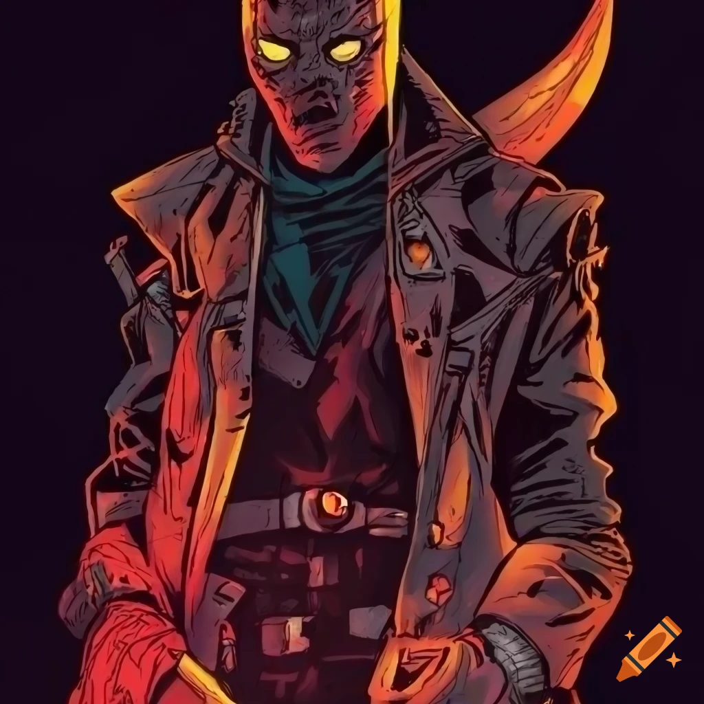 Comic illustration of a masked man in punk style costume on Craiyon