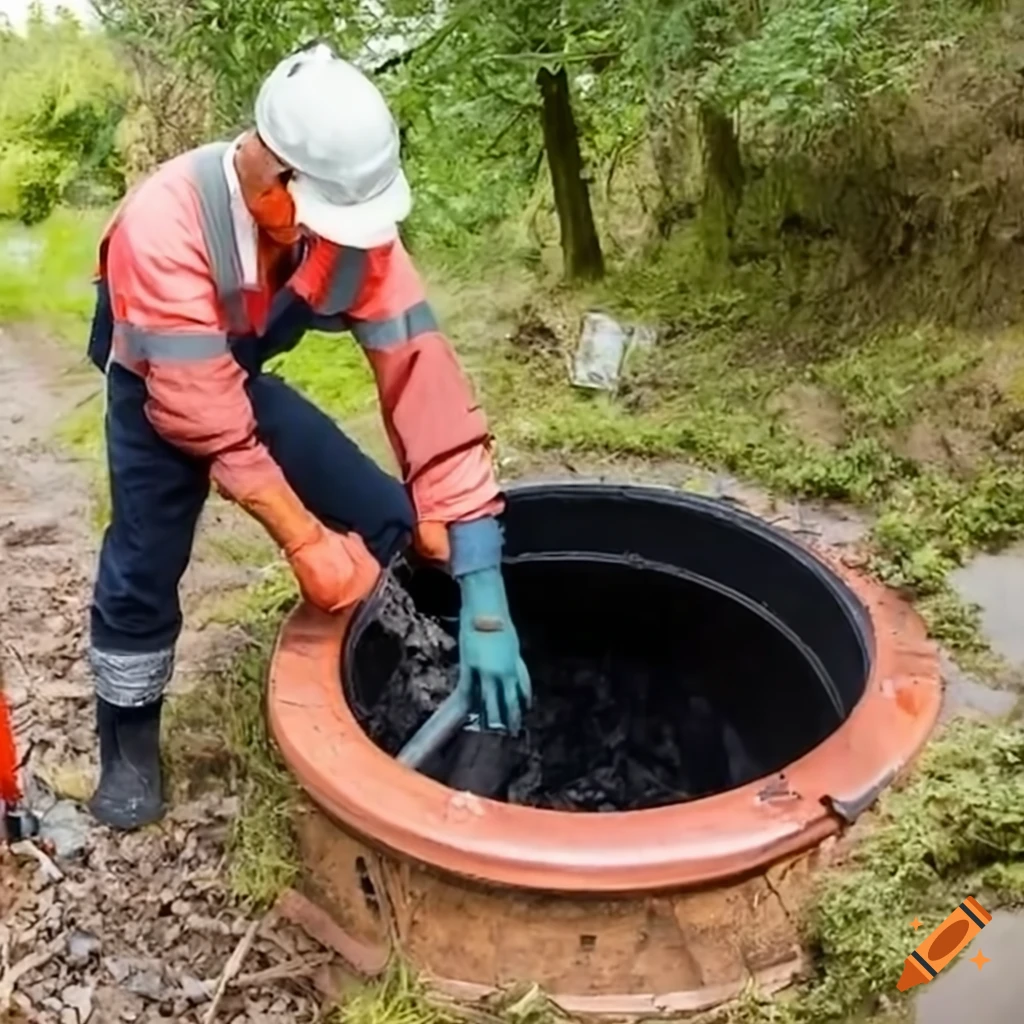 Workers inspecting and servicing a septic tank on Craiyon