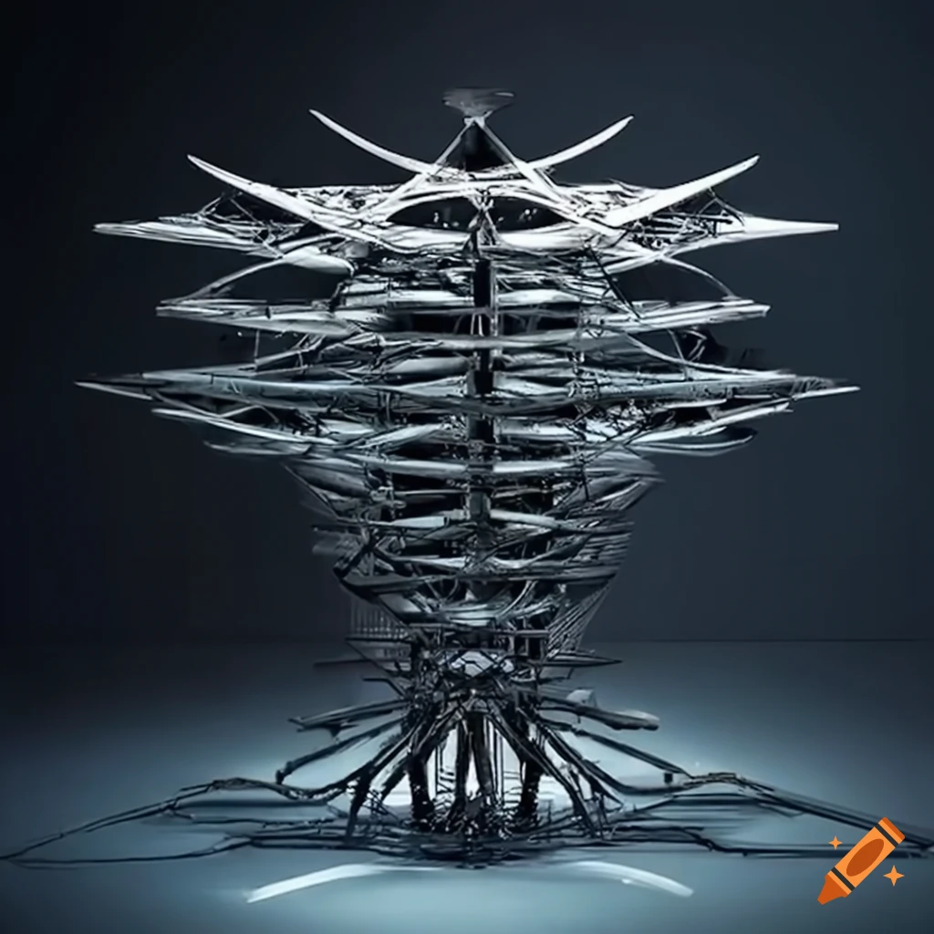 Metal robotic tree structure with futuristic wings on Craiyon