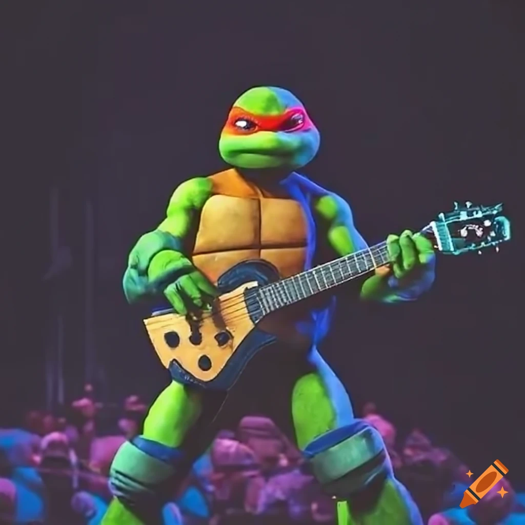 Three ninja turtles playing music on stage with guitars and microphones ...