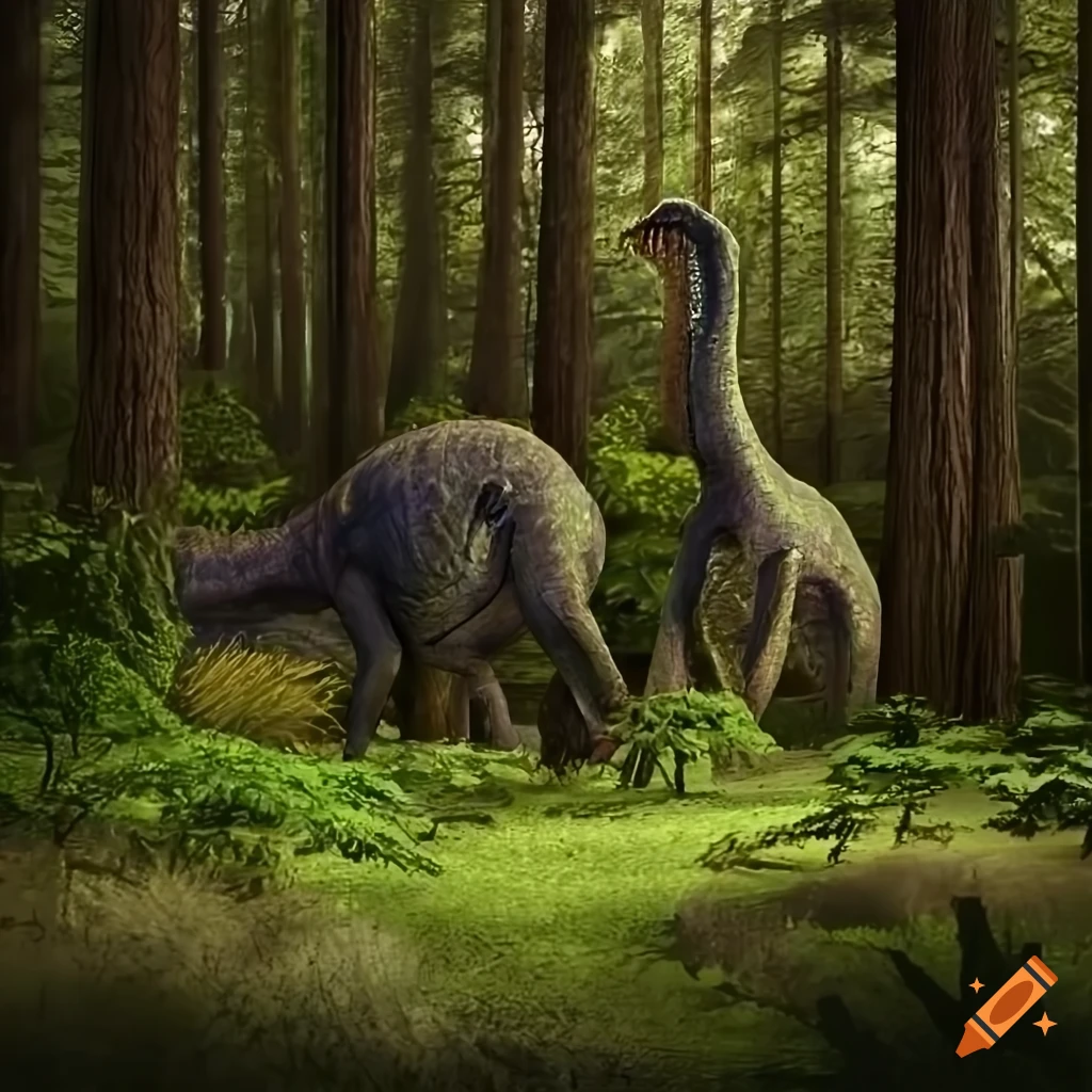 Detailed Hadrosaurus dinosaurs in a cedar forest clearing with intense noon light on Craiyon