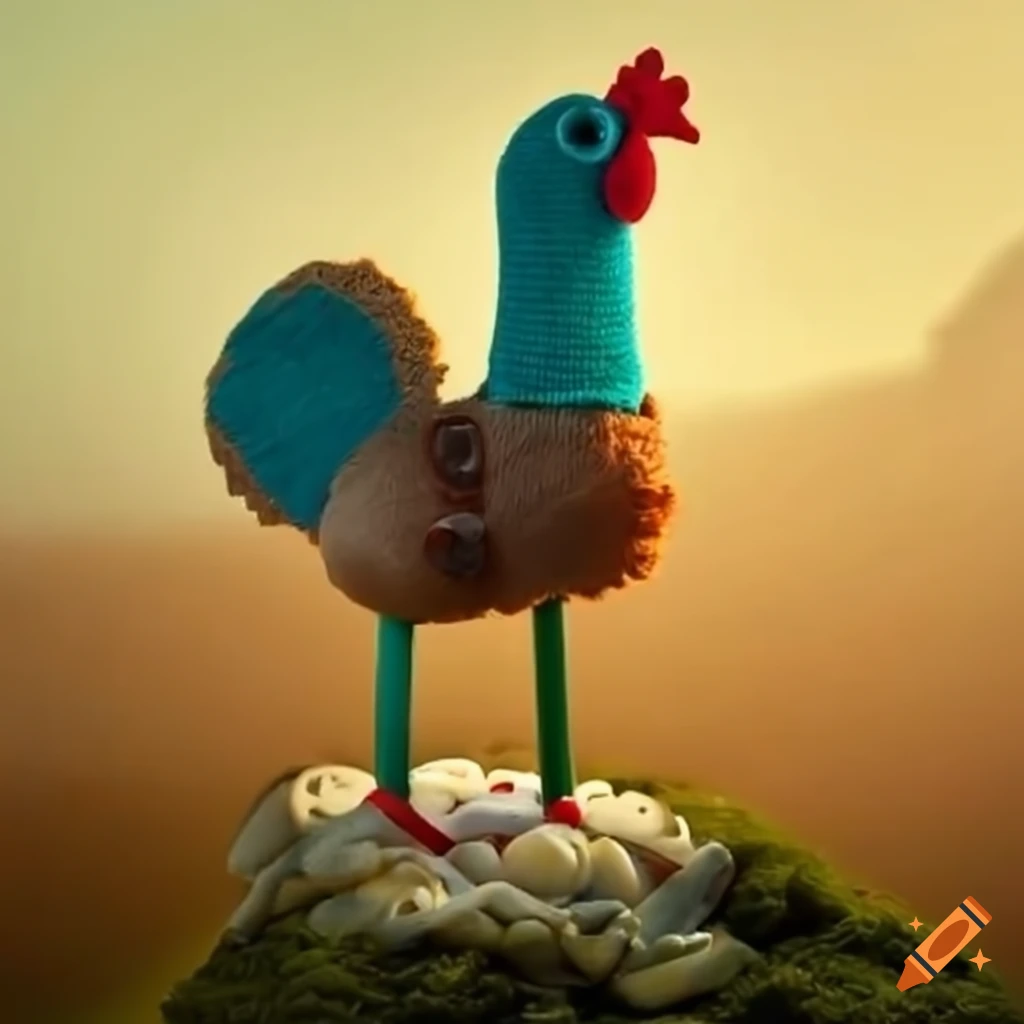 Sock and button chicken sculpture on a hill on Craiyon