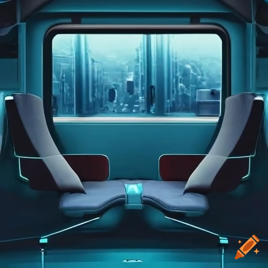 Individual train seat cab facing the window in futuristic setting on ...