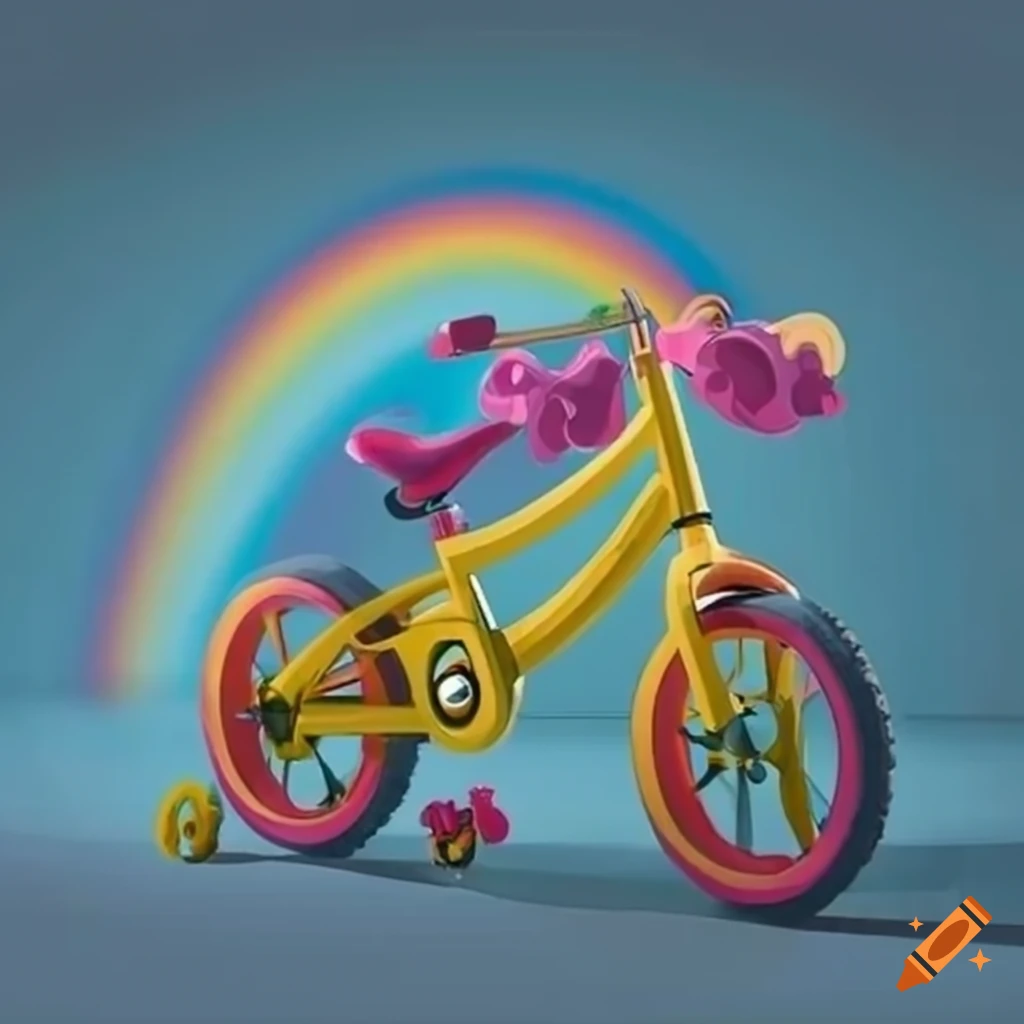 Yellow kids bike with rainbow and unicorn in the background on Craiyon
