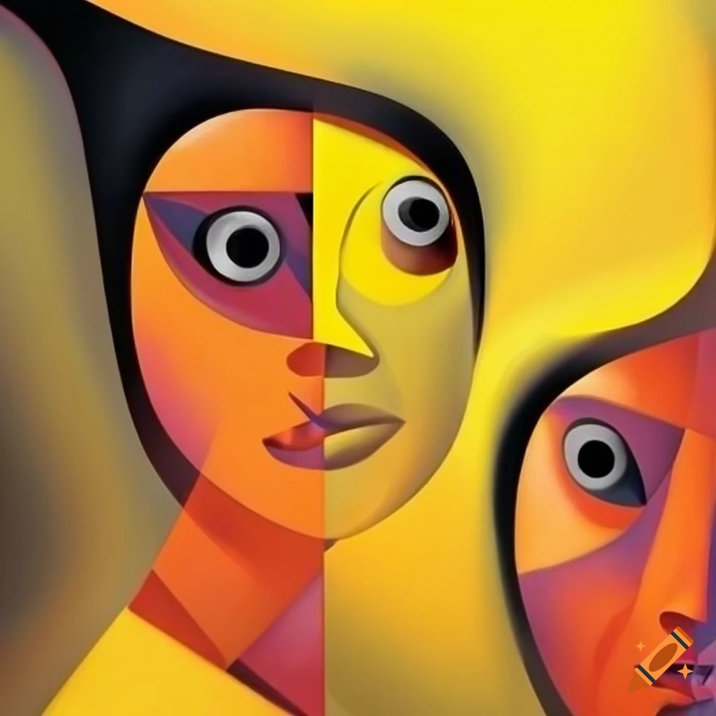 Abstract cubism artwork with orange and yellow faces on Craiyon