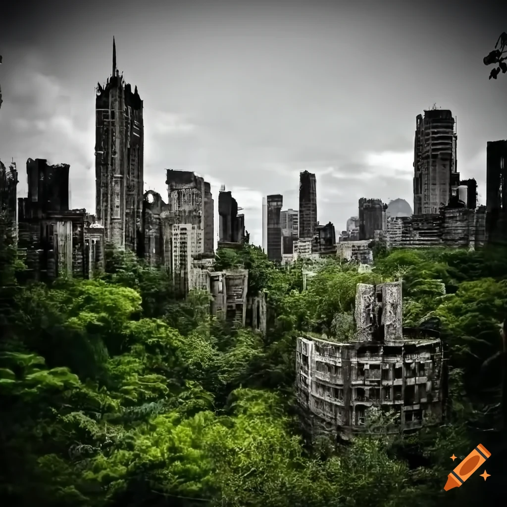 Overgrown and abandoned post-apocalyptic city skyline in a tropical ...