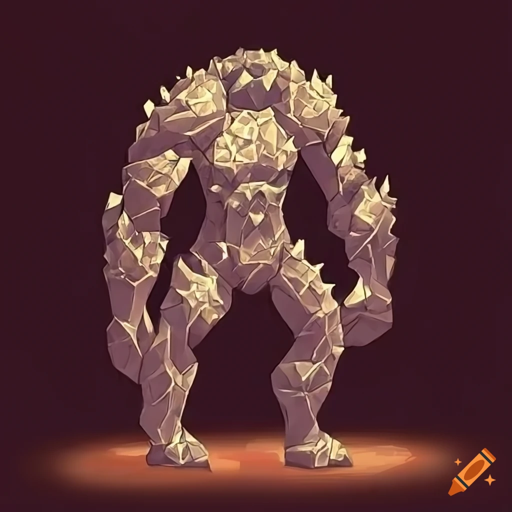 Stone golem with bronze crystal-like hair and three eyes in a fantasy ...