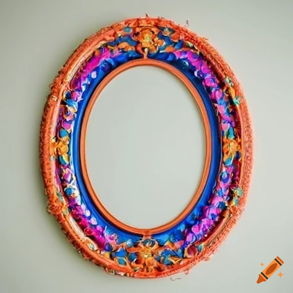Colorful ornate plastic oval picture frame on a wall on Craiyon