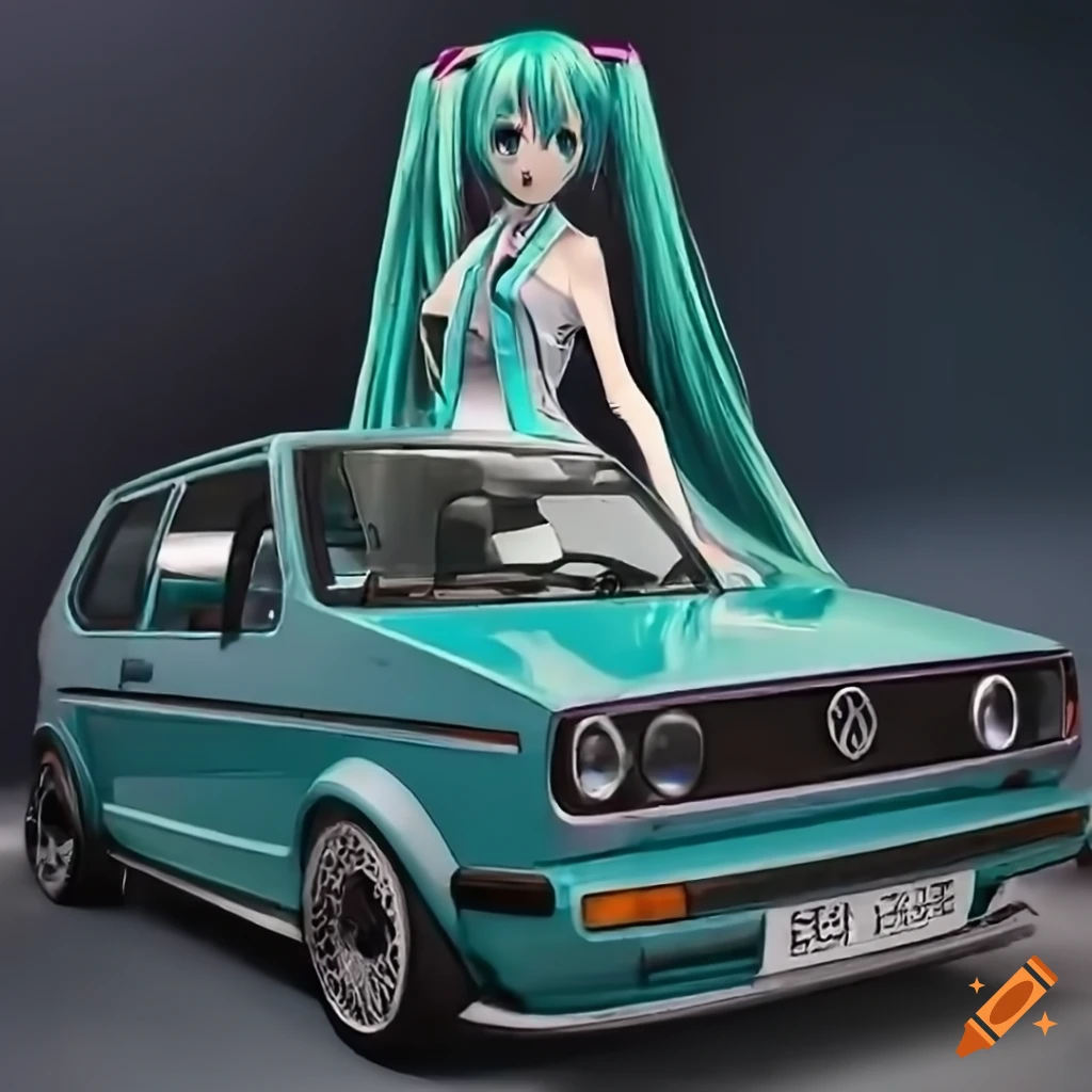 Hatsune miku on a volkswagen golf mk1 in anime style on Craiyon