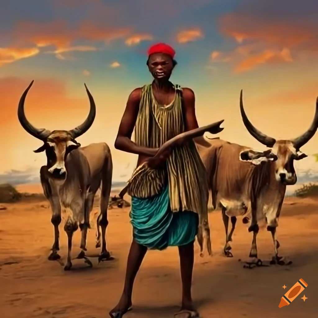 African herdsman overlooking his herd in a mountainous savannah on Craiyon