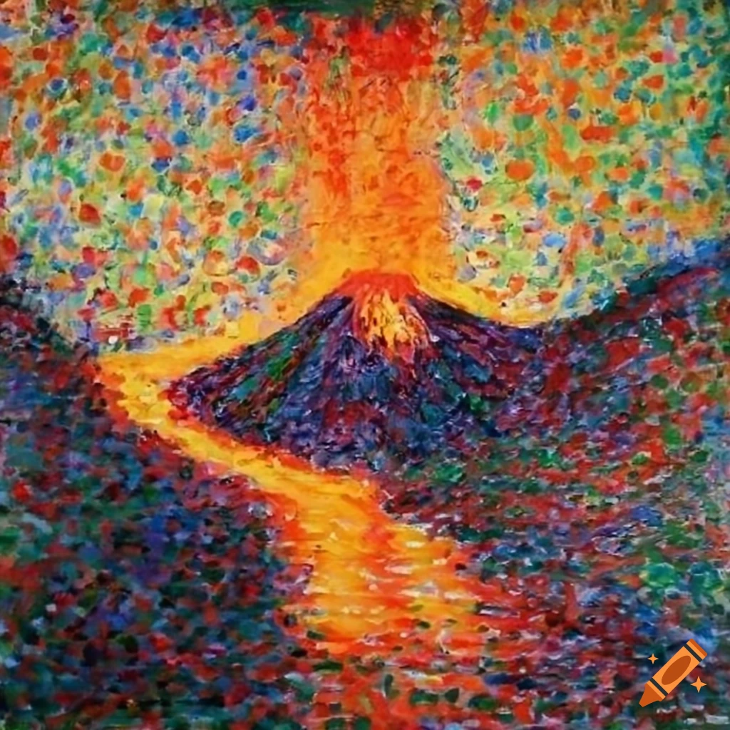Volcano painting in the pointillist style of seurat on Craiyon