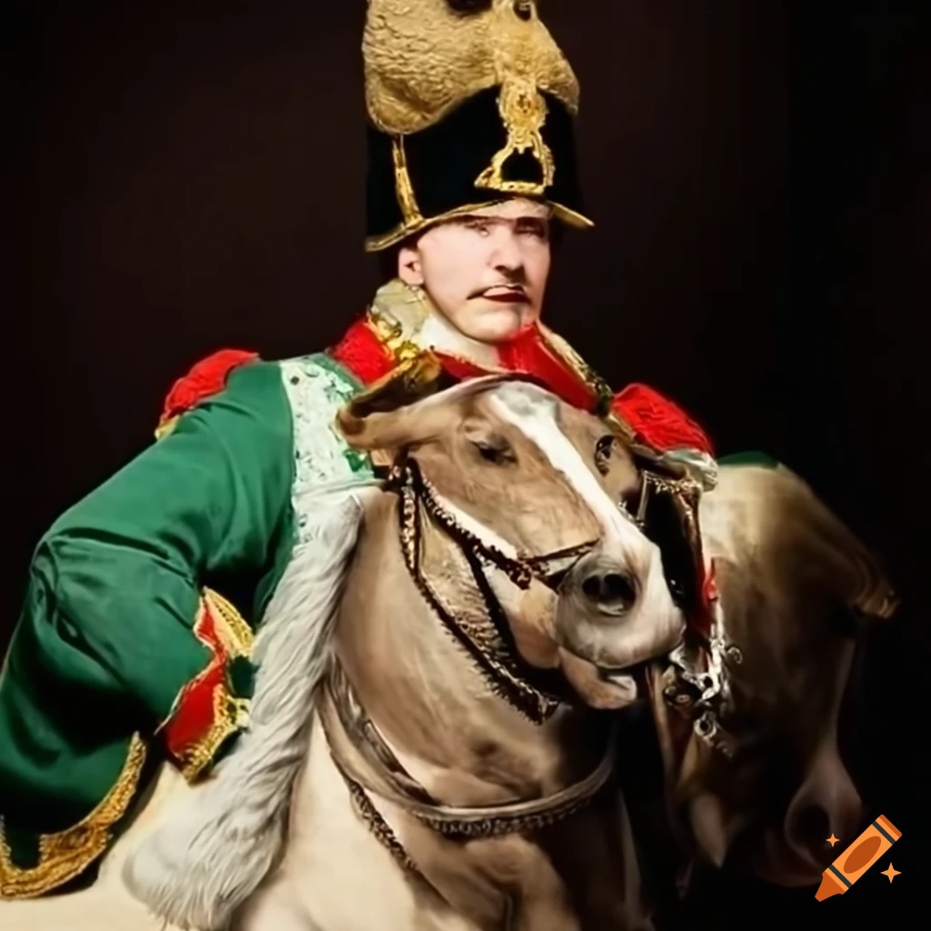 Kermit dressed as Napoleon riding a horse in a battle scene on Craiyon