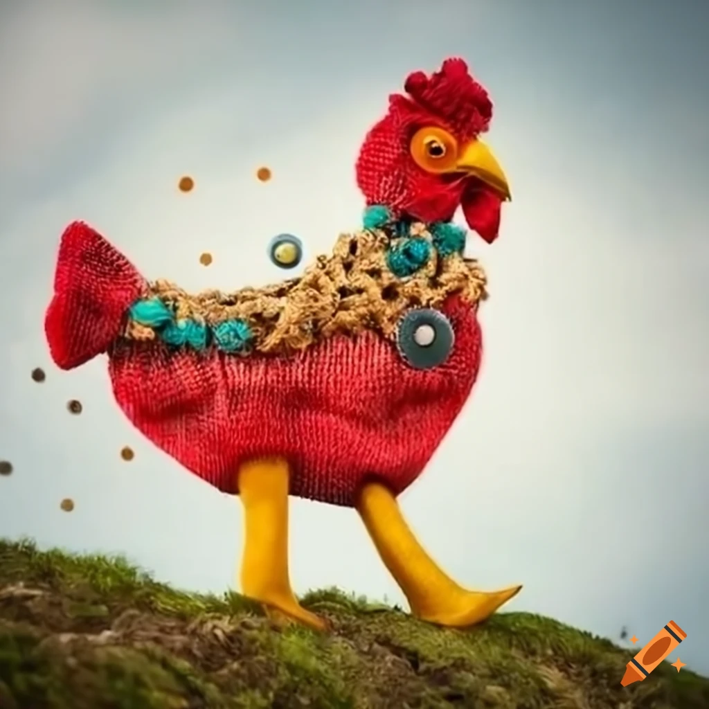 Sock and button chicken sculpture on a hill on Craiyon