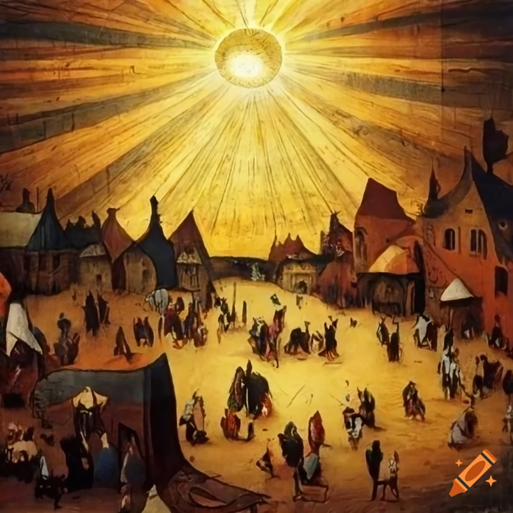 Medieval sun with light rays in the style of Peter Bruegel on Craiyon