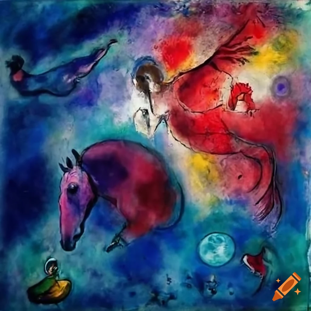 Men, women, horses, and chickens in outer space with a marc chagall ...
