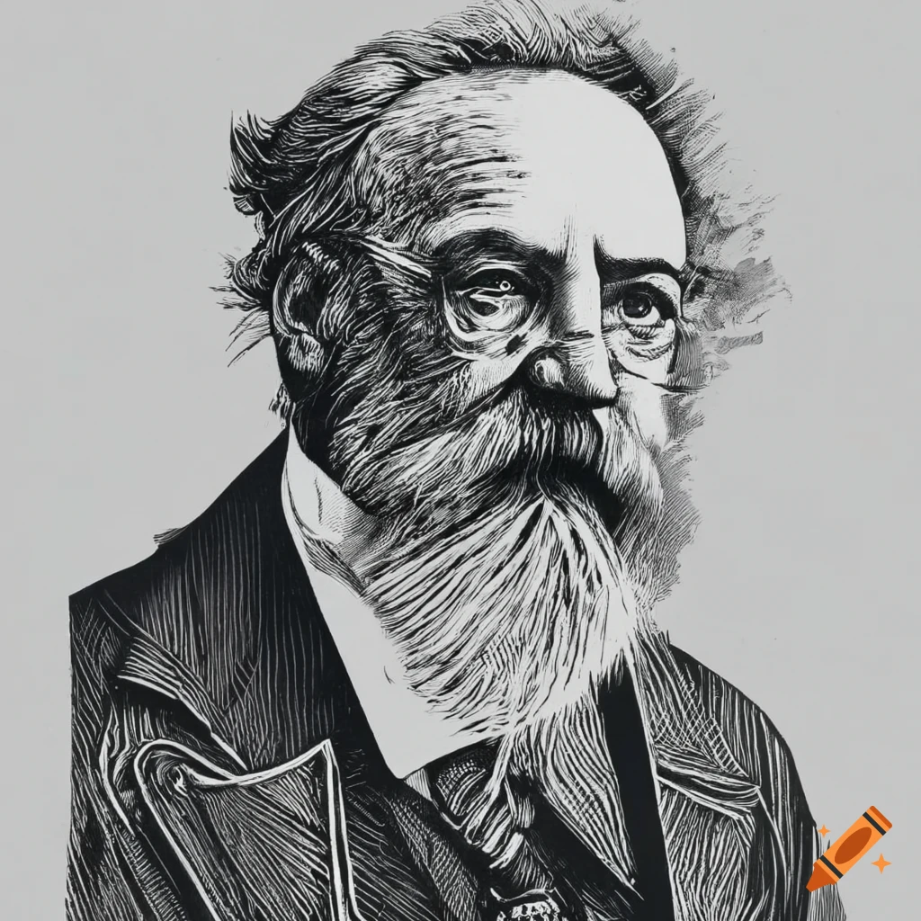 Portrait of alexander graham bell in black and white linocut on Craiyon