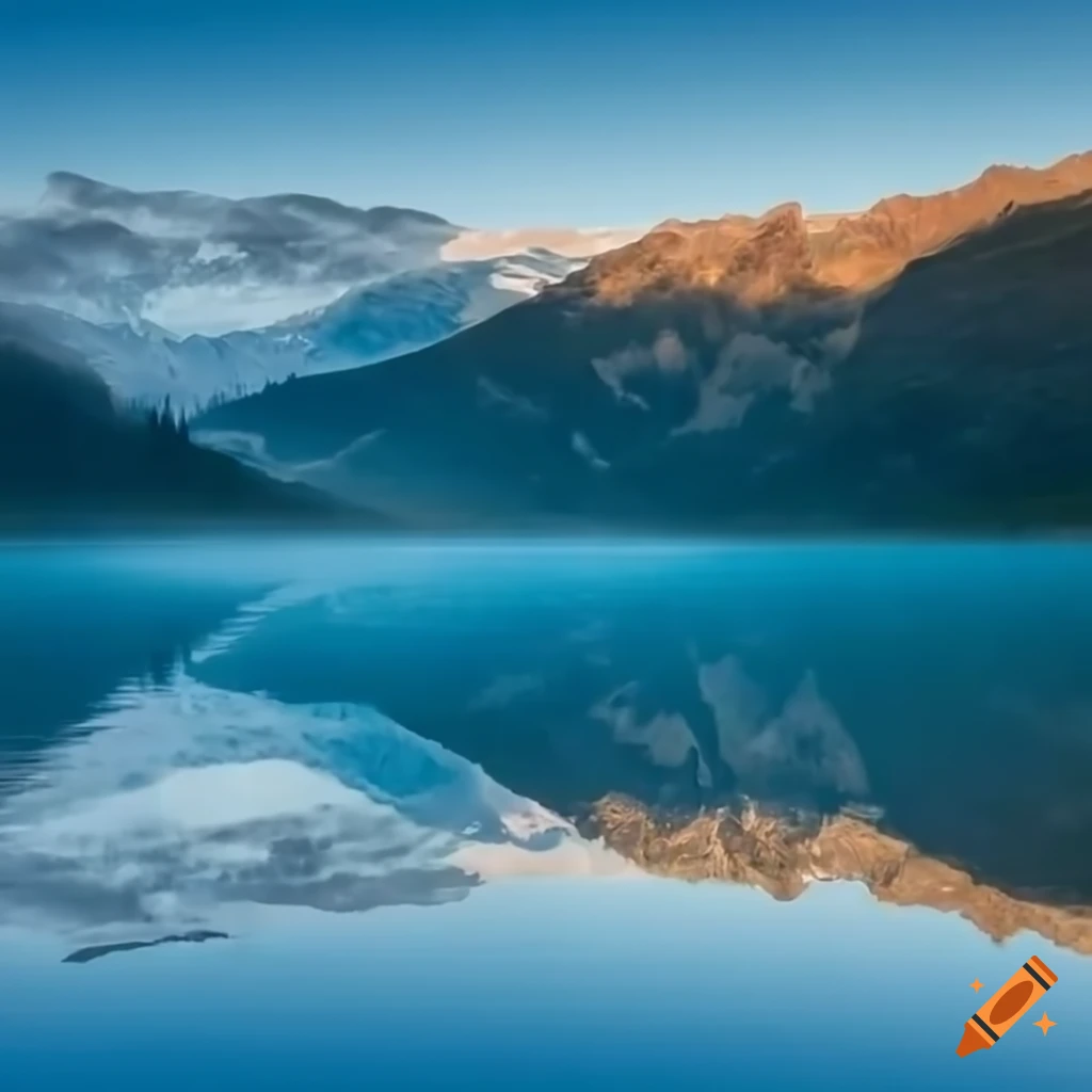 Peaceful glacial lake reflecting azure sky on Craiyon