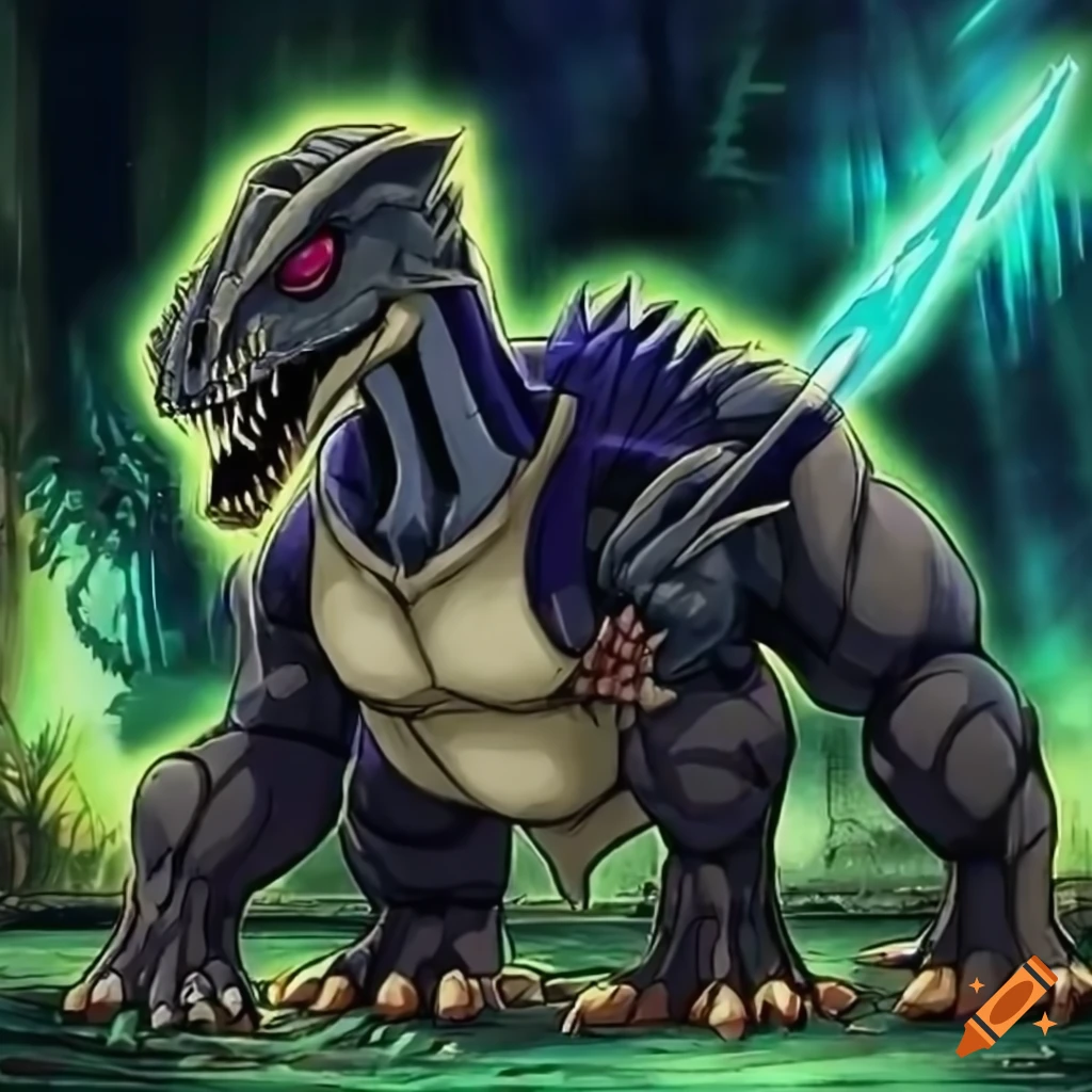 Dynamic warrior dinosaur art inspired by yu-gi-oh card on Craiyon