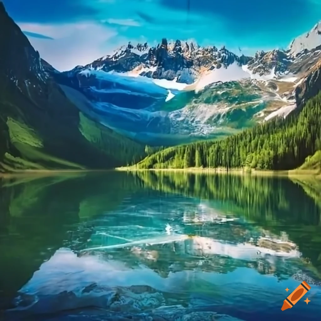 Peaceful glacial lake reflecting azure sky on Craiyon
