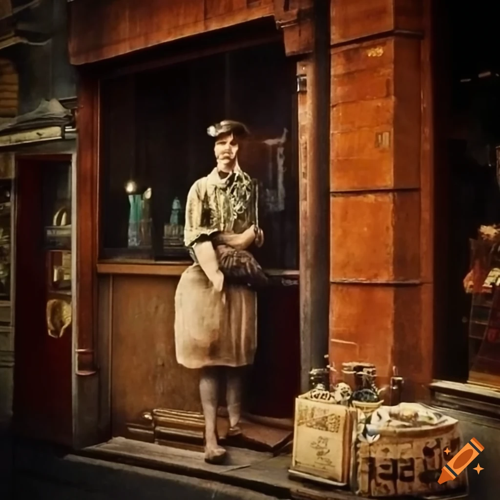 Young merchant standing in front of his shop from the twentieth century ...