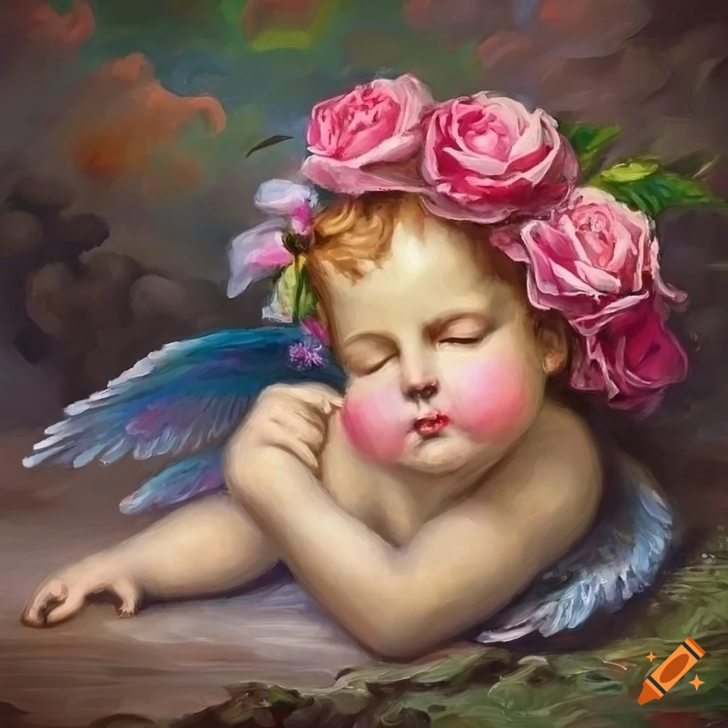 Sleeping cherub baby with rainbow wings and pink rose crown in nature ...