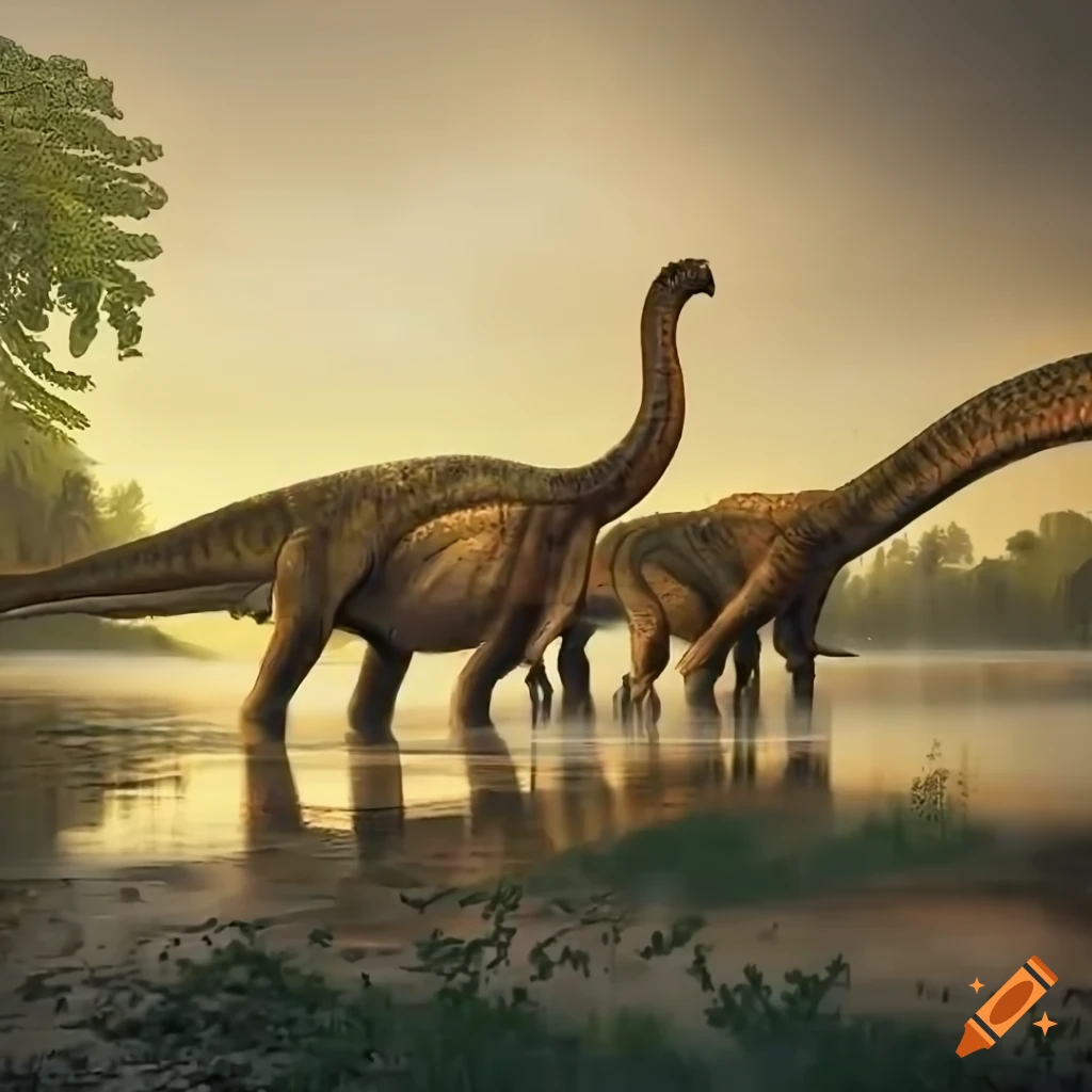 Hadrosaurus dinosaurs walking along a muddy lake bank in warm morning ...