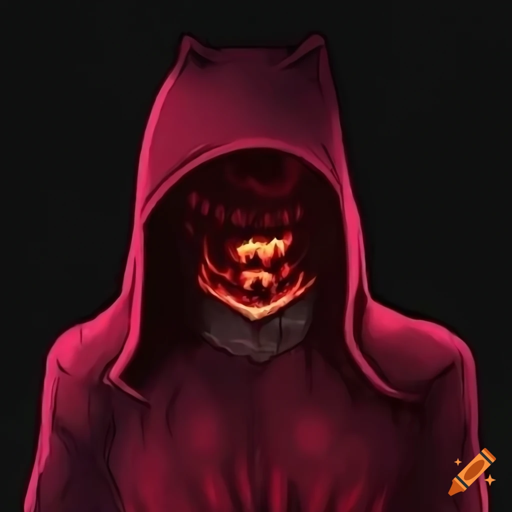 Gamer profile cartoon with devil hood and glowing creepy face on Craiyon