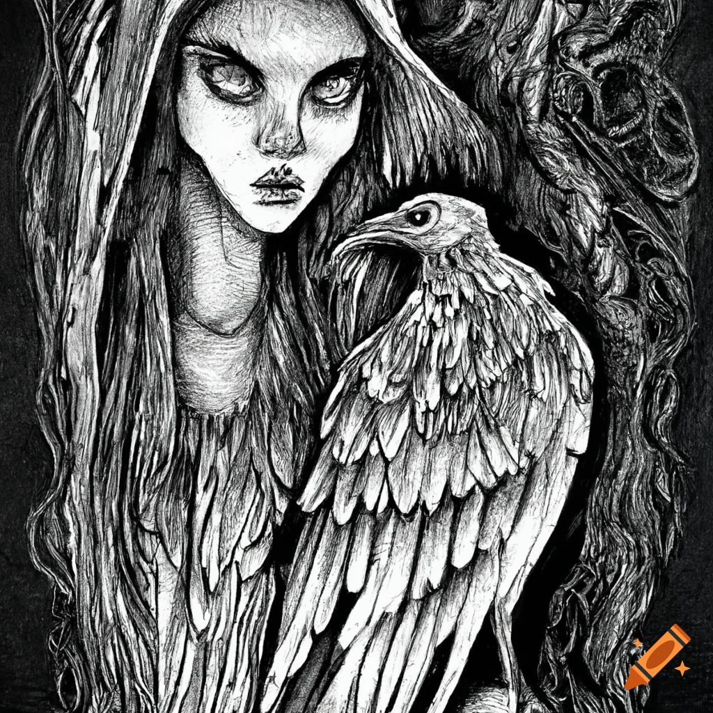 Black and white drawing of a mysterious raven lady near a foreboding ...