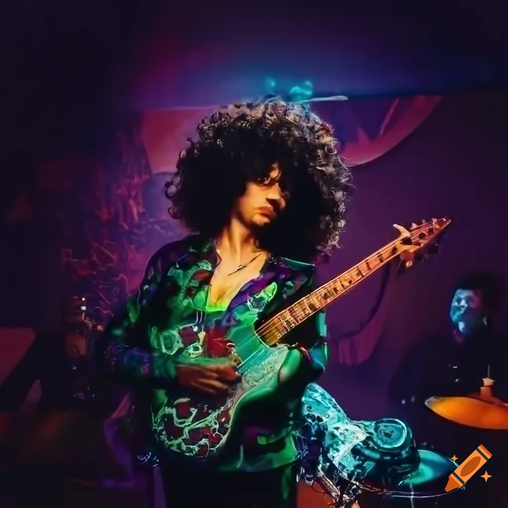 Curly-haired rock singer with psychedelic drug guitar performing on Craiyon