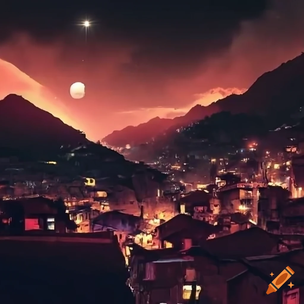 Nighttime view of mountain slum area on Craiyon