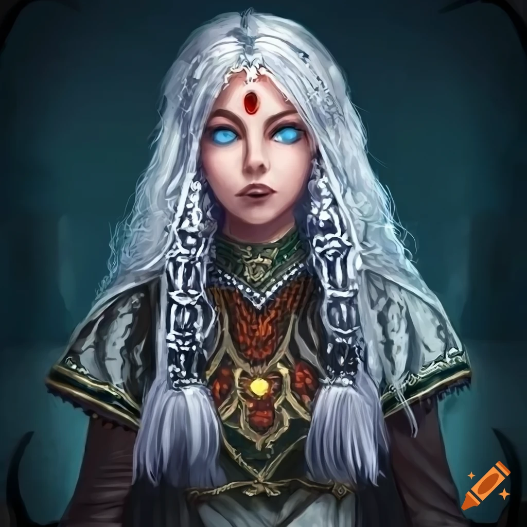 Shy young female kalashtar with silver hair and blue eyes wearing gray ...