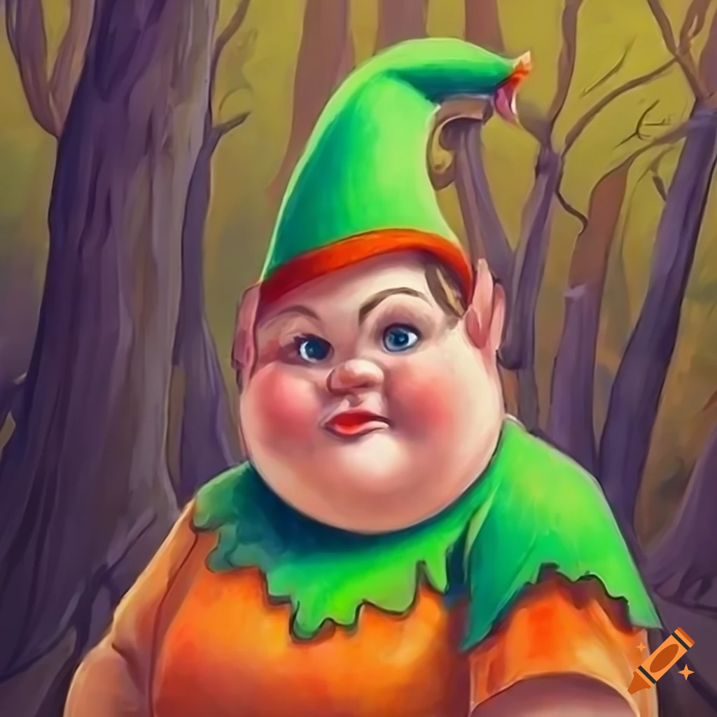 Cheerful fat elf in a colorful forest in the style of old Walt Disney ...