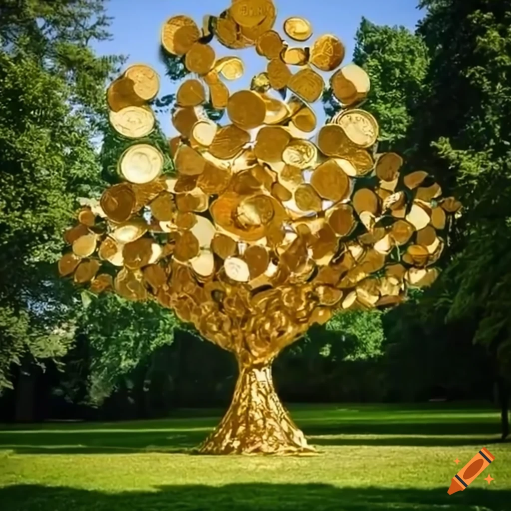 Tree with golden coin leaves in a sunny park on Craiyon