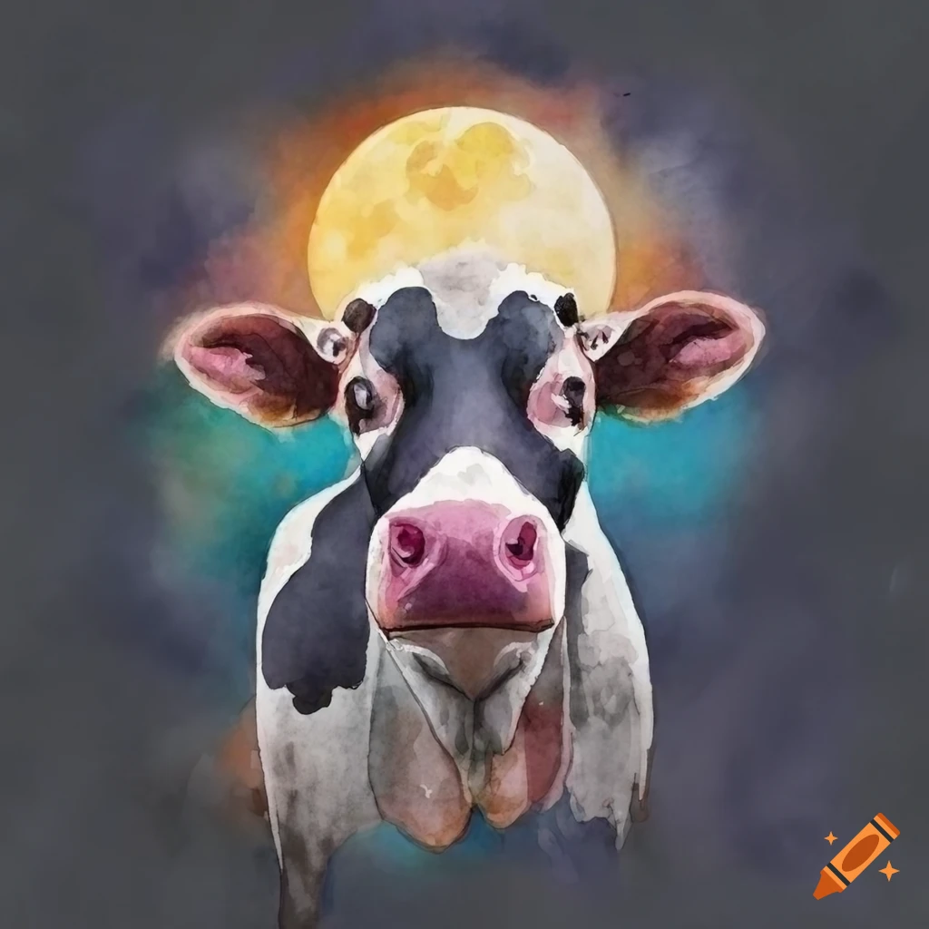 Watercolor illustration of a cow's face with a full moon behind on Craiyon