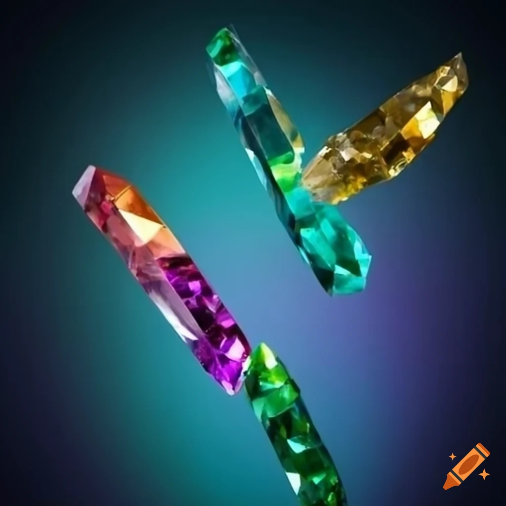 Multicolored gems and crystals floating on a string on Craiyon