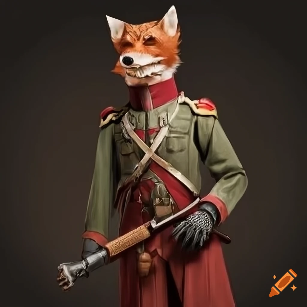 Victorian humanoid fox soldier character illustration on Craiyon