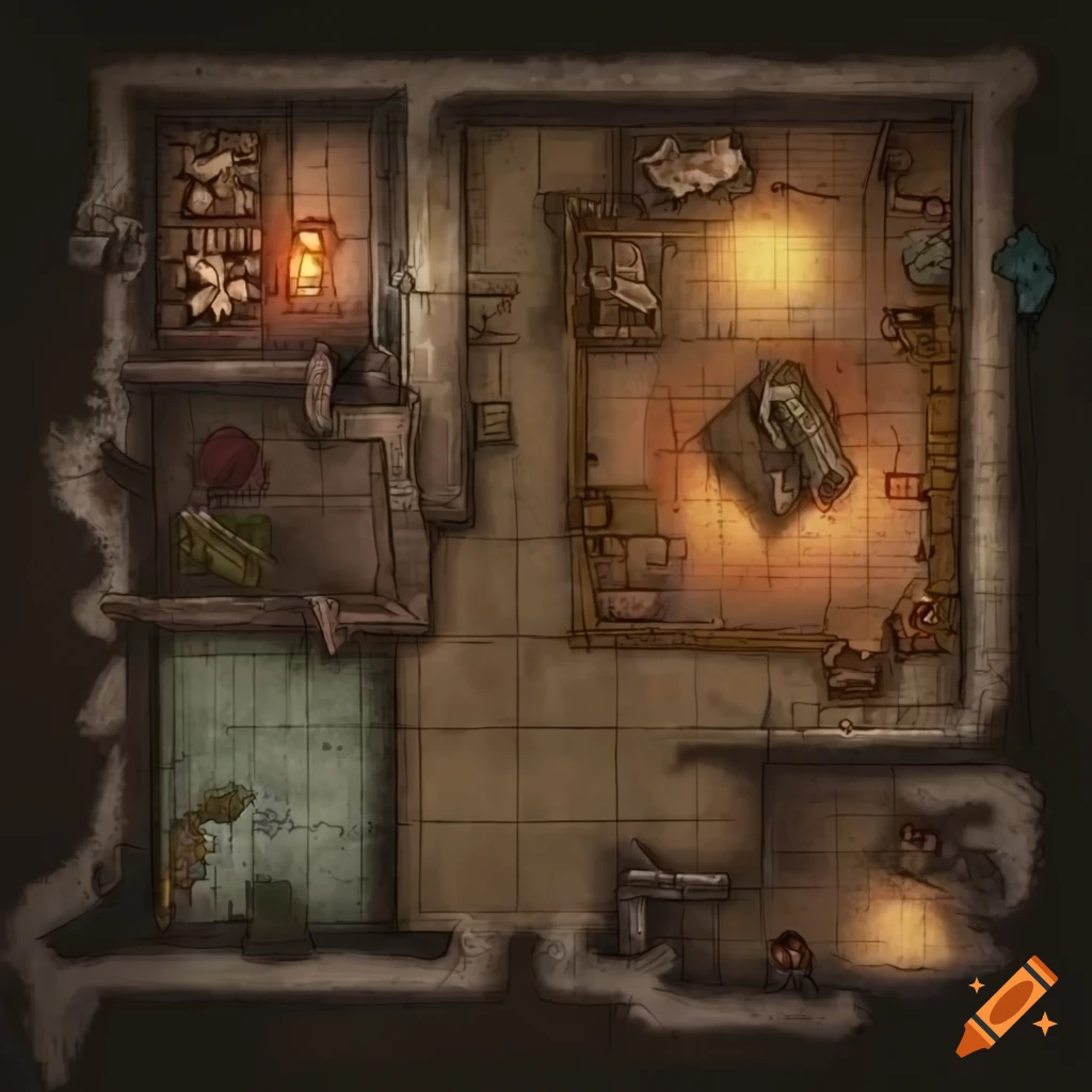 Dungeons and dragons battle map of a rundown private study on Craiyon