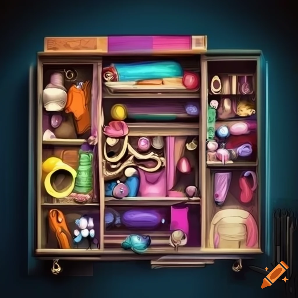 Colorful collection of mysterious trinkets in a cluttered drawer on Craiyon