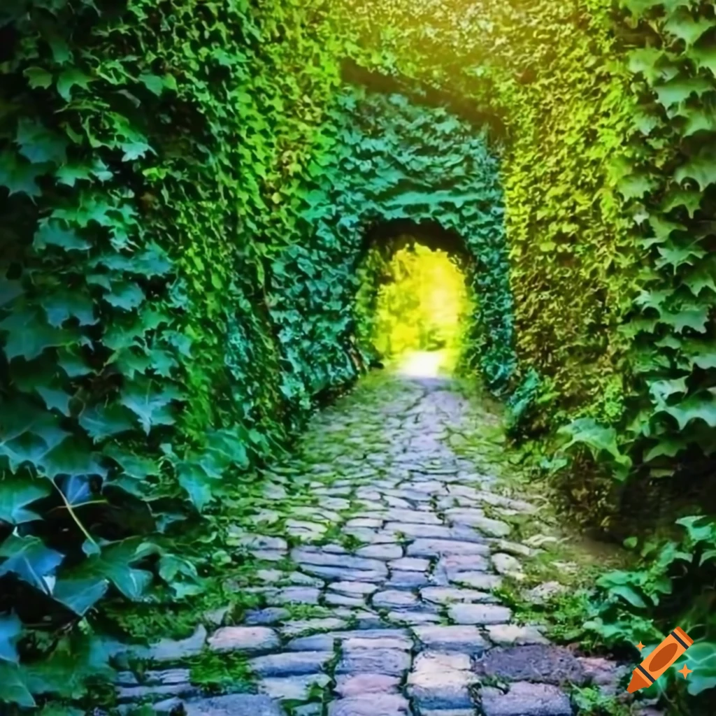 Beautiful paved path with overhanging ivy and thorns on Craiyon